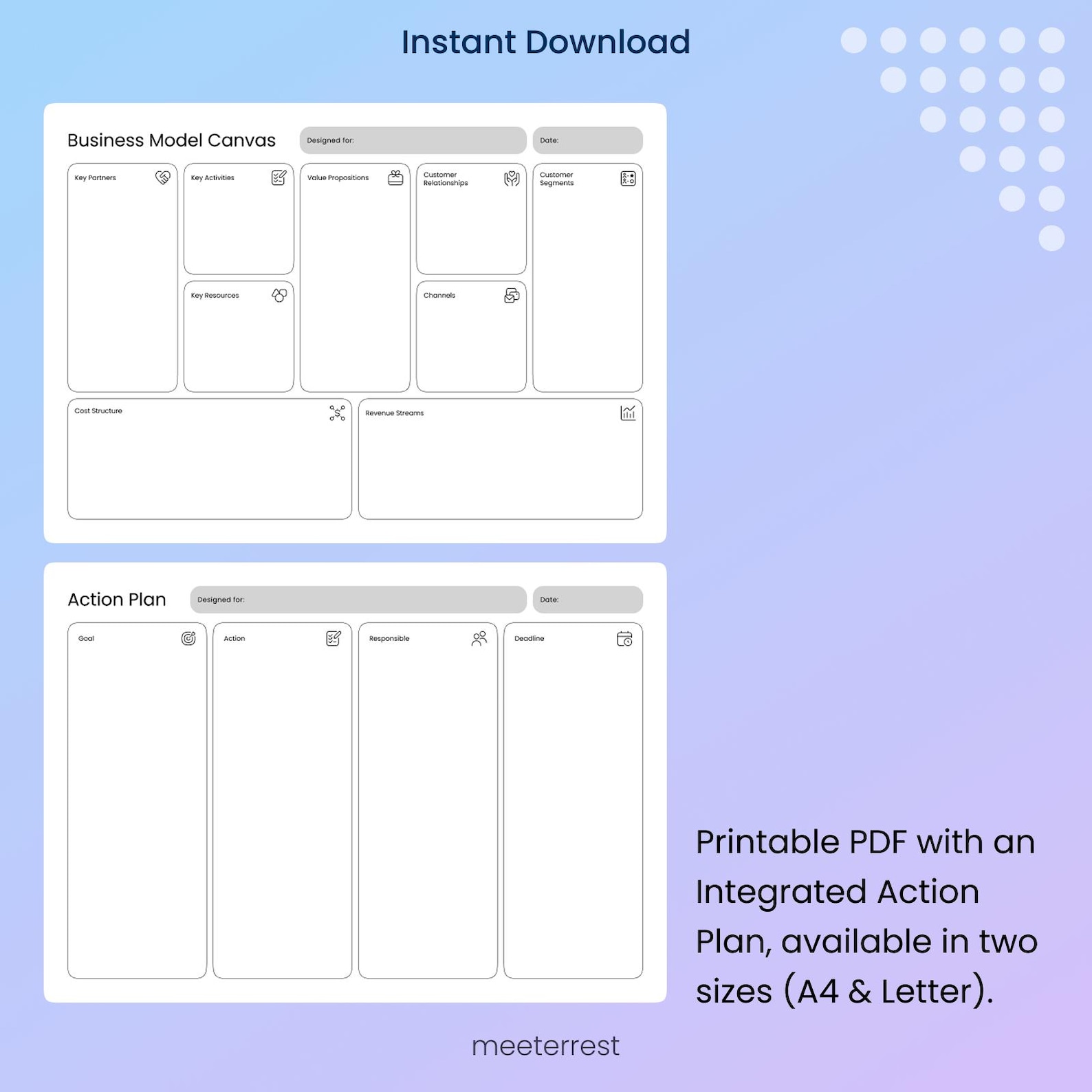 Business Model Canvas & Action Plan Template | Printable PDF A4/letter ...