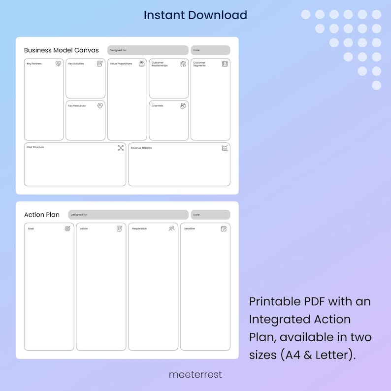 Business Model Canvas & Action Plan Template | Printable PDF A4/letter ...