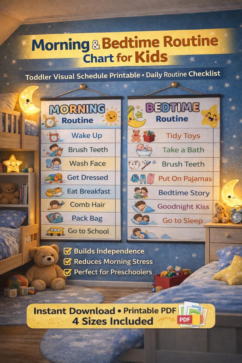 Kids Morning & Bedtime Routine Chart | Toddler Visual Schedule (digital ...