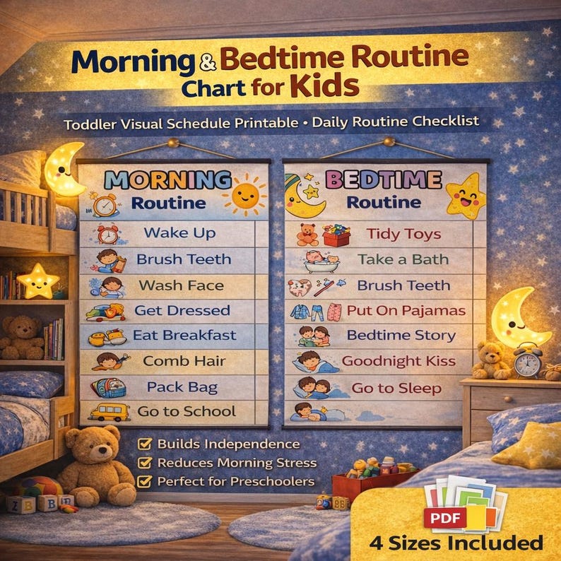 Kids Morning & Bedtime Routine Chart | Toddler Visual Schedule (digital ...