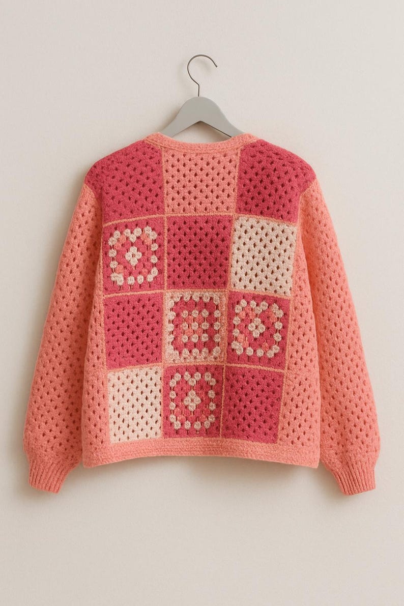 Crochet Cardigan Pink Squares Pattern Cardigan Women's Handmade Crochet ...