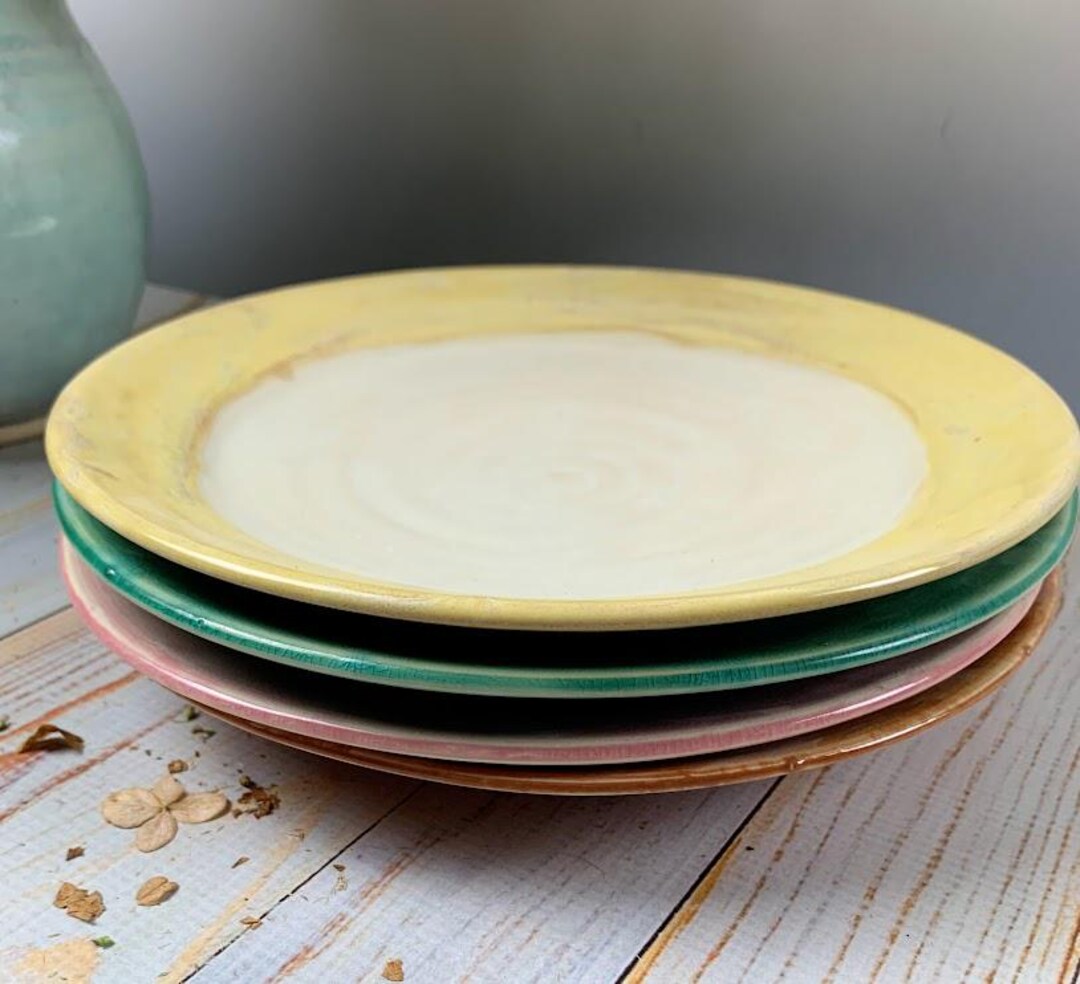 Wheel Thrown Dinner Plates: Colorful Rim Ceramic Plates, Set of 4 - Etsy