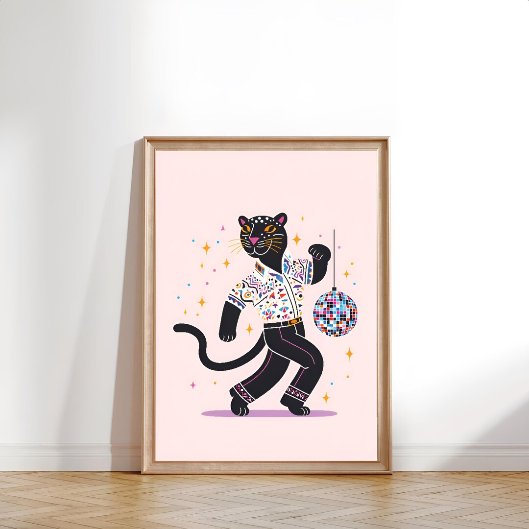 Black Panther Cartoon Artwork Digital Download, Cute Disco Animal Wall ...