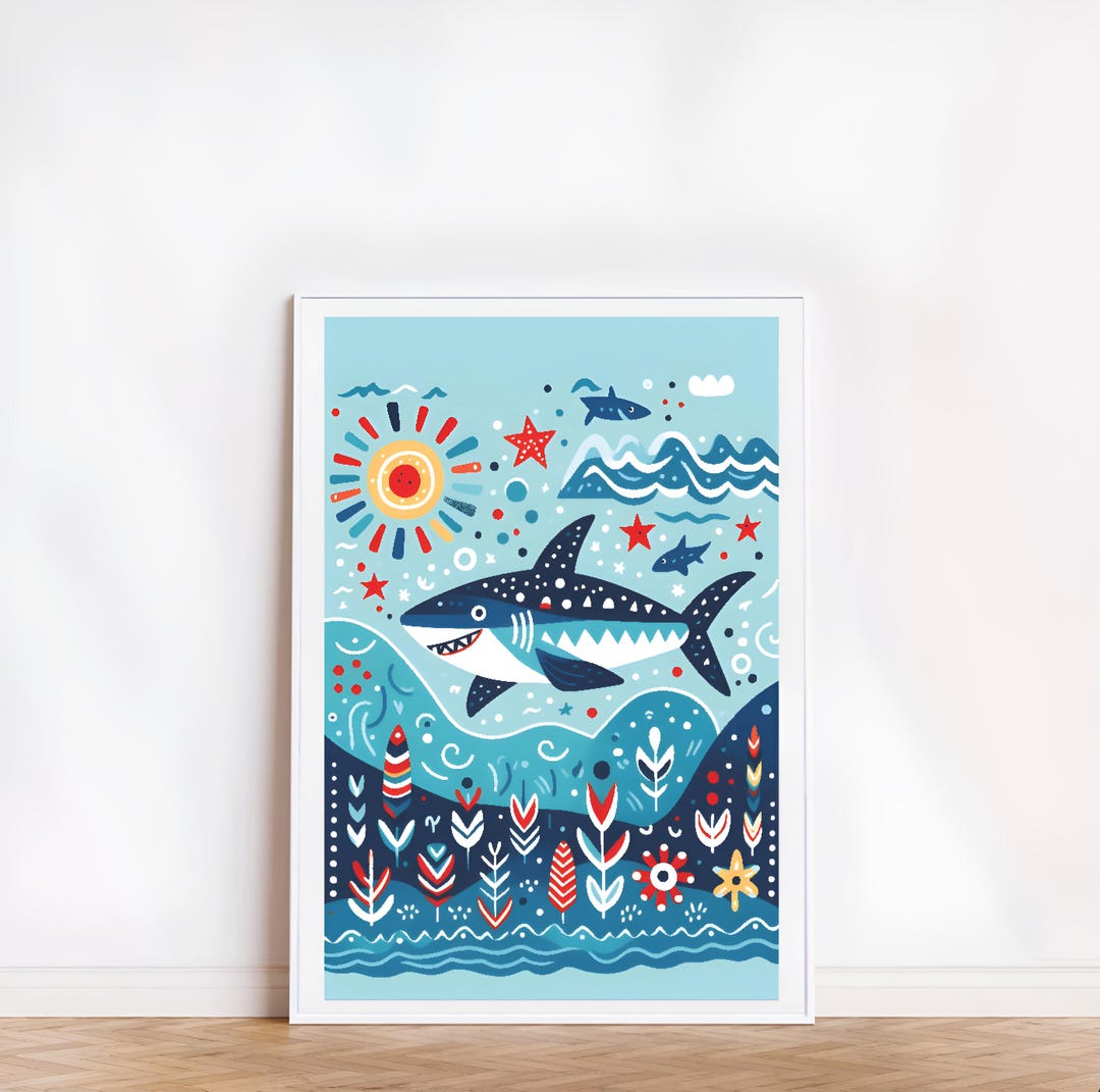 Cartoon Shark Poster, Marine Animal Wall Art, Cute Boys Room Decor ...