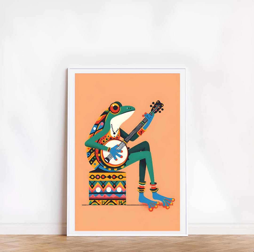 Frog Playing Banjo Print, Musical Animal Art, Cartoon Reptile, Native ...