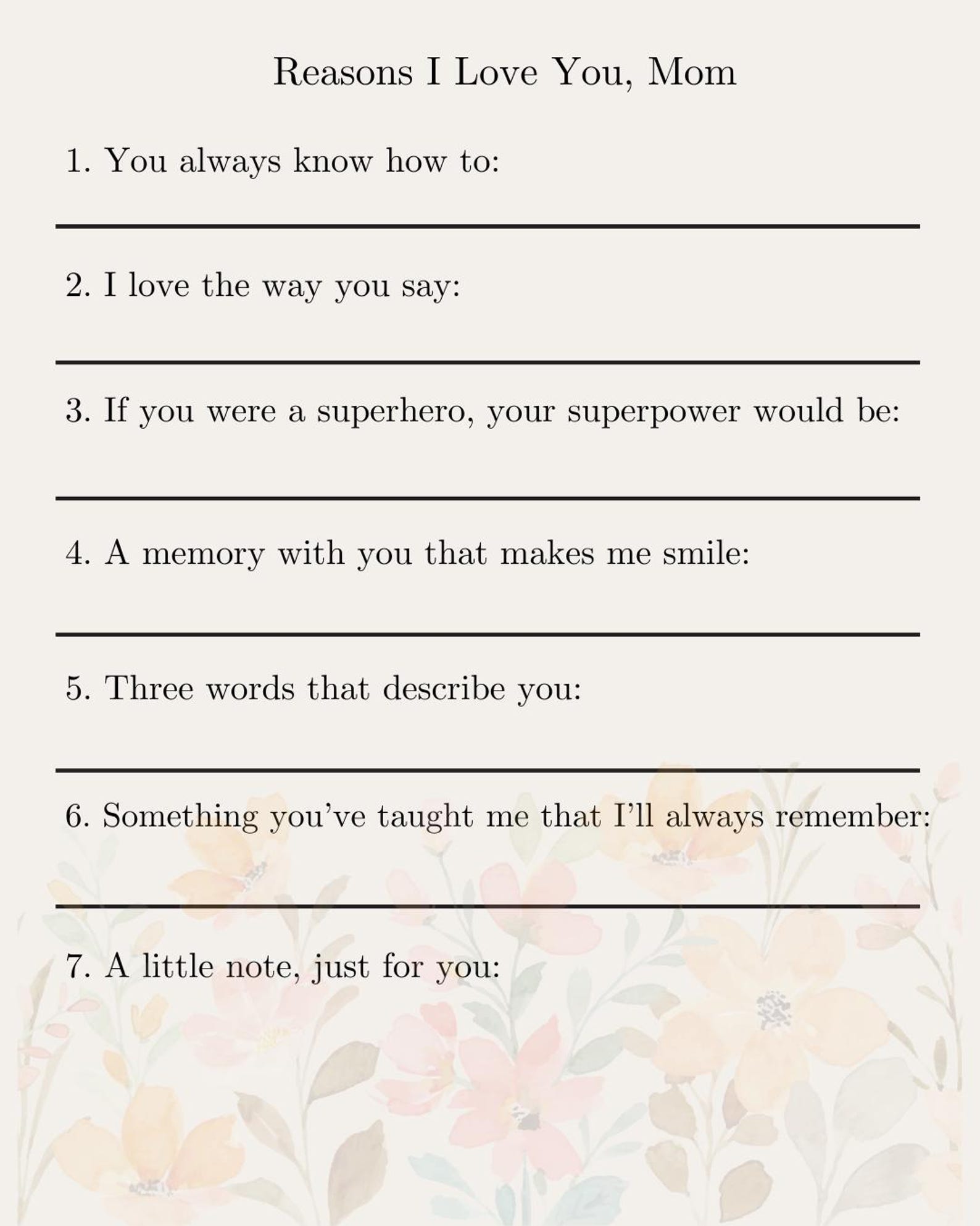 Printable Mother’s Day Gift – Reasons I Love You Page, Fill-in-the ...