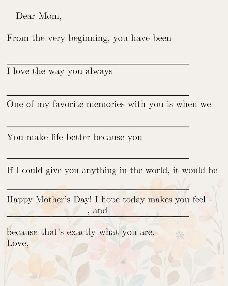 Printable Mother’s Day Gift – Reasons I Love You Page, Fill-in-the ...