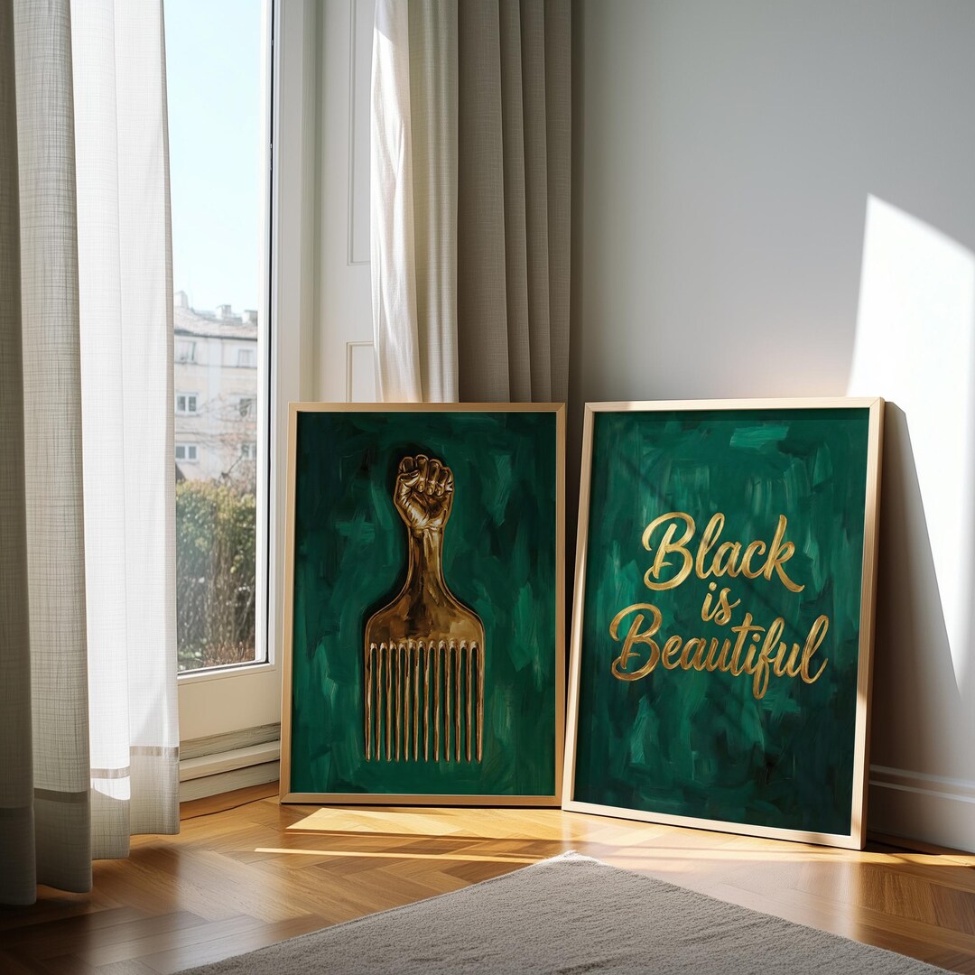 Black Art Prints Set, Gold Afro Pick, Emerald Green (digital Download ...