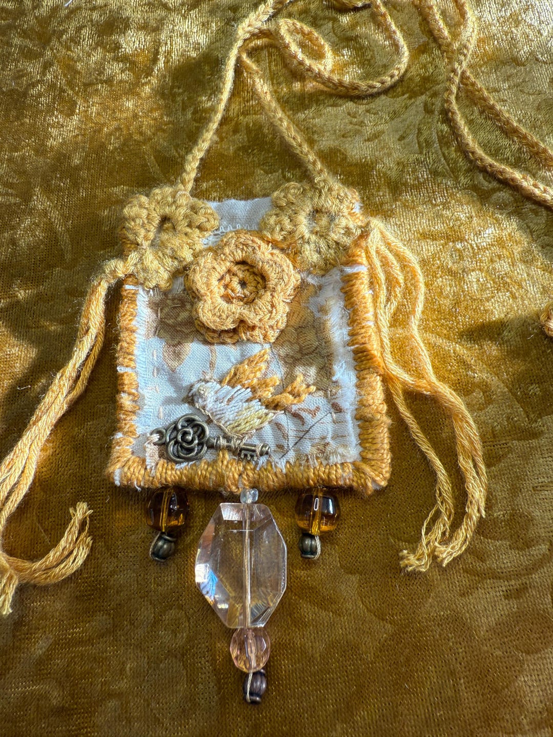 Golden Amulet Necklace, Hanging, Slow Stitched and Embellished Luck ...