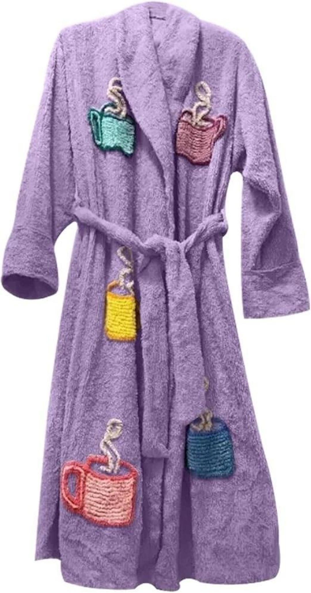 Terry Cloth Bathrobe With Embroidered Coffee Mugs | Soft Women Spa Robe ...