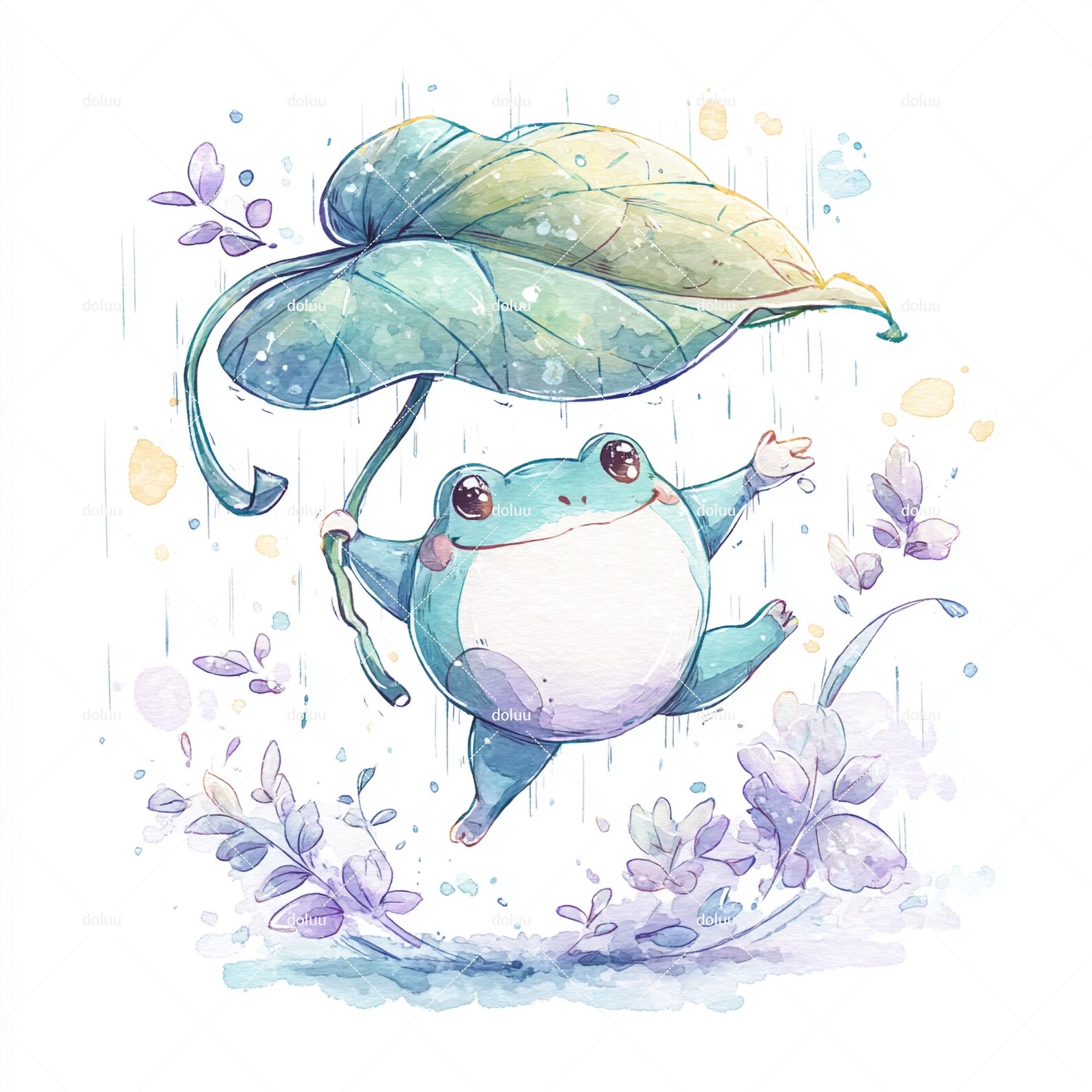 12 Chibi Frog Jumping With Leaf Umbrella Rain Clipart Bundle, Junk ...