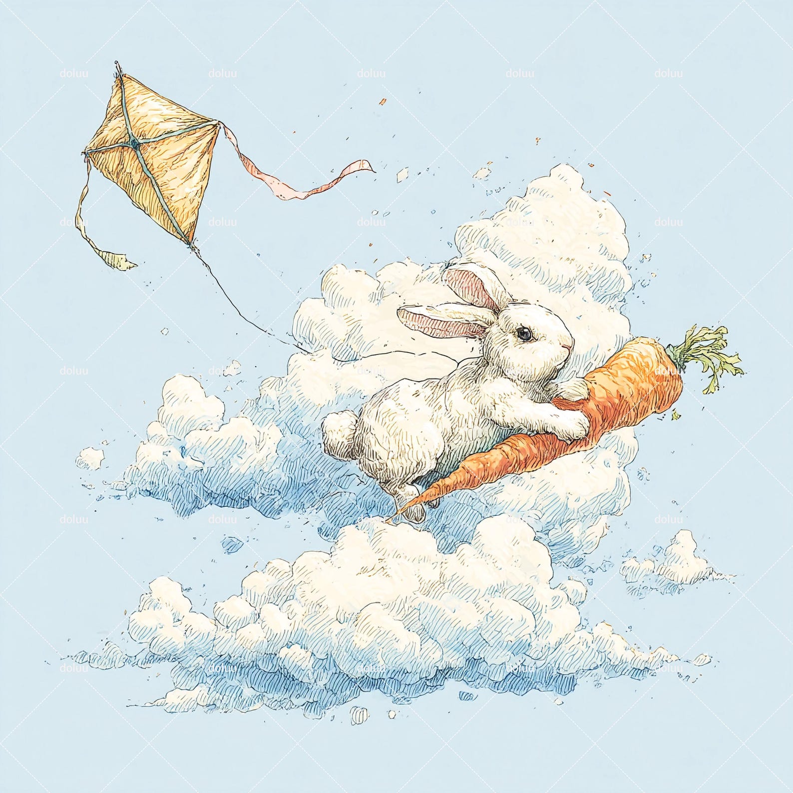 12 Bunny Flying Carrot Shaped Kite Cloud Puffs Clipart Bundle, Junk ...