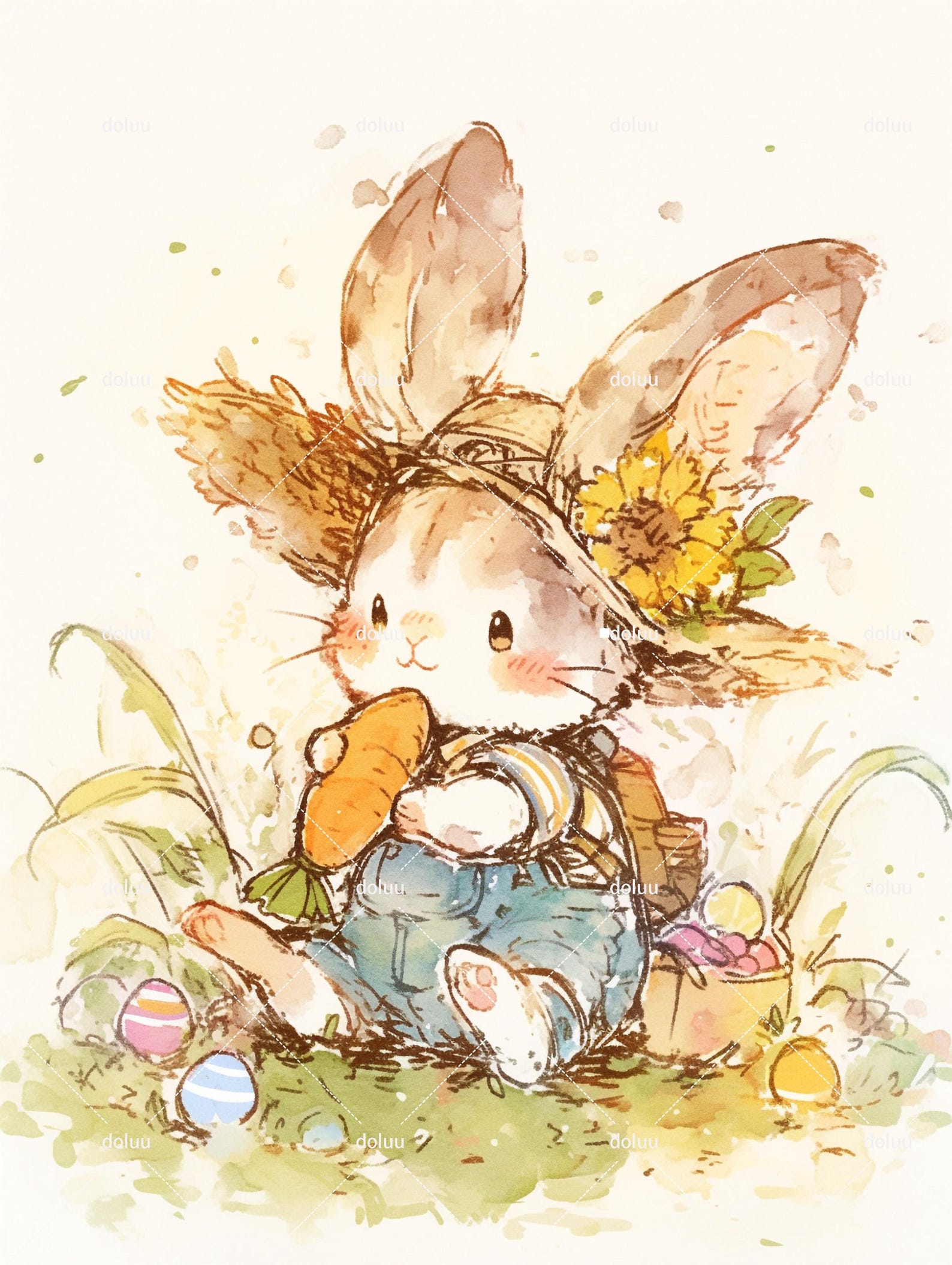 8 Chibi Bunny in Denim Overalls Holding Carrot Clipart Bundle, Junk ...
