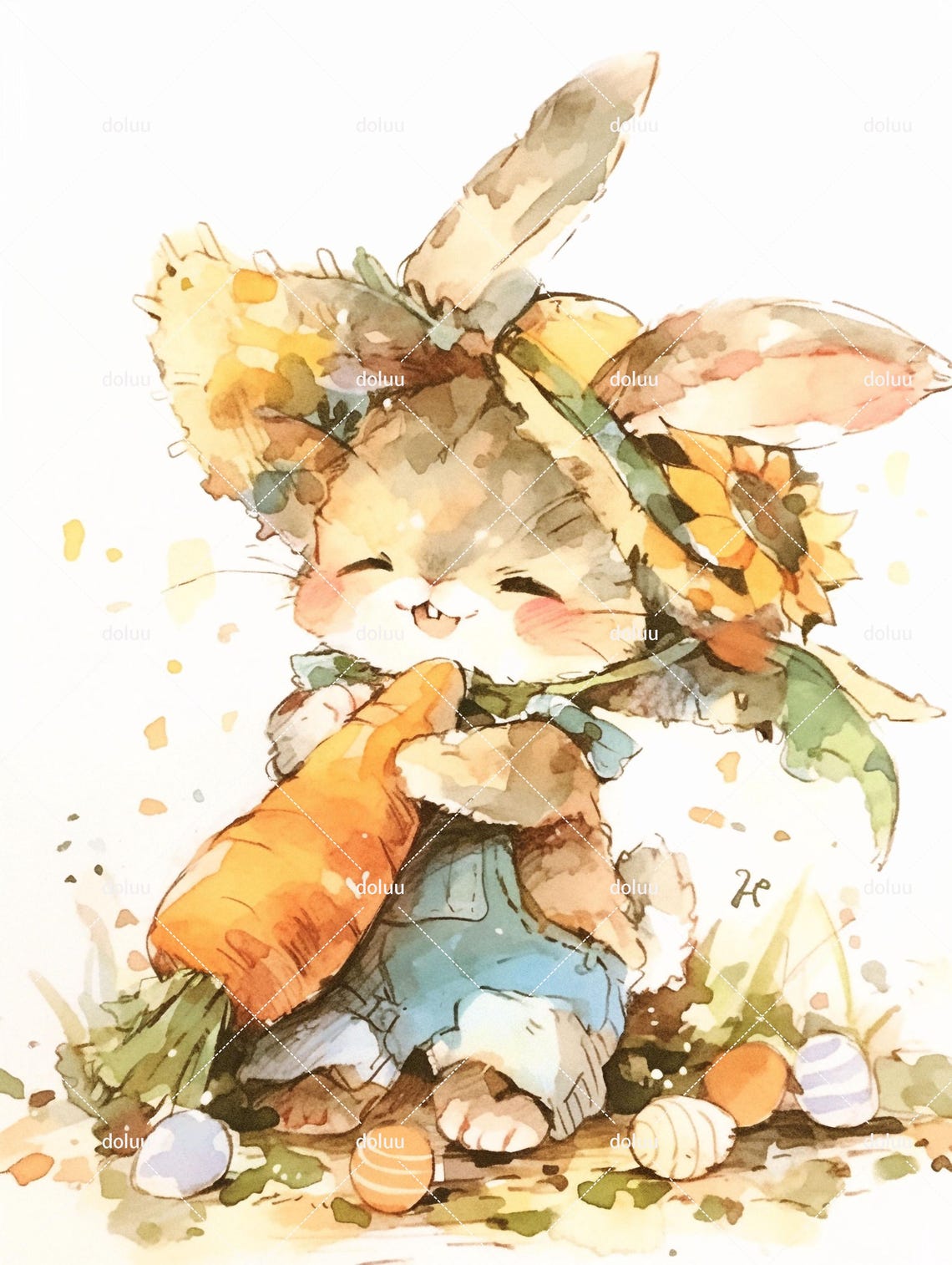 8 Chibi Bunny in Denim Overalls Holding Carrot Clipart Bundle, Junk ...