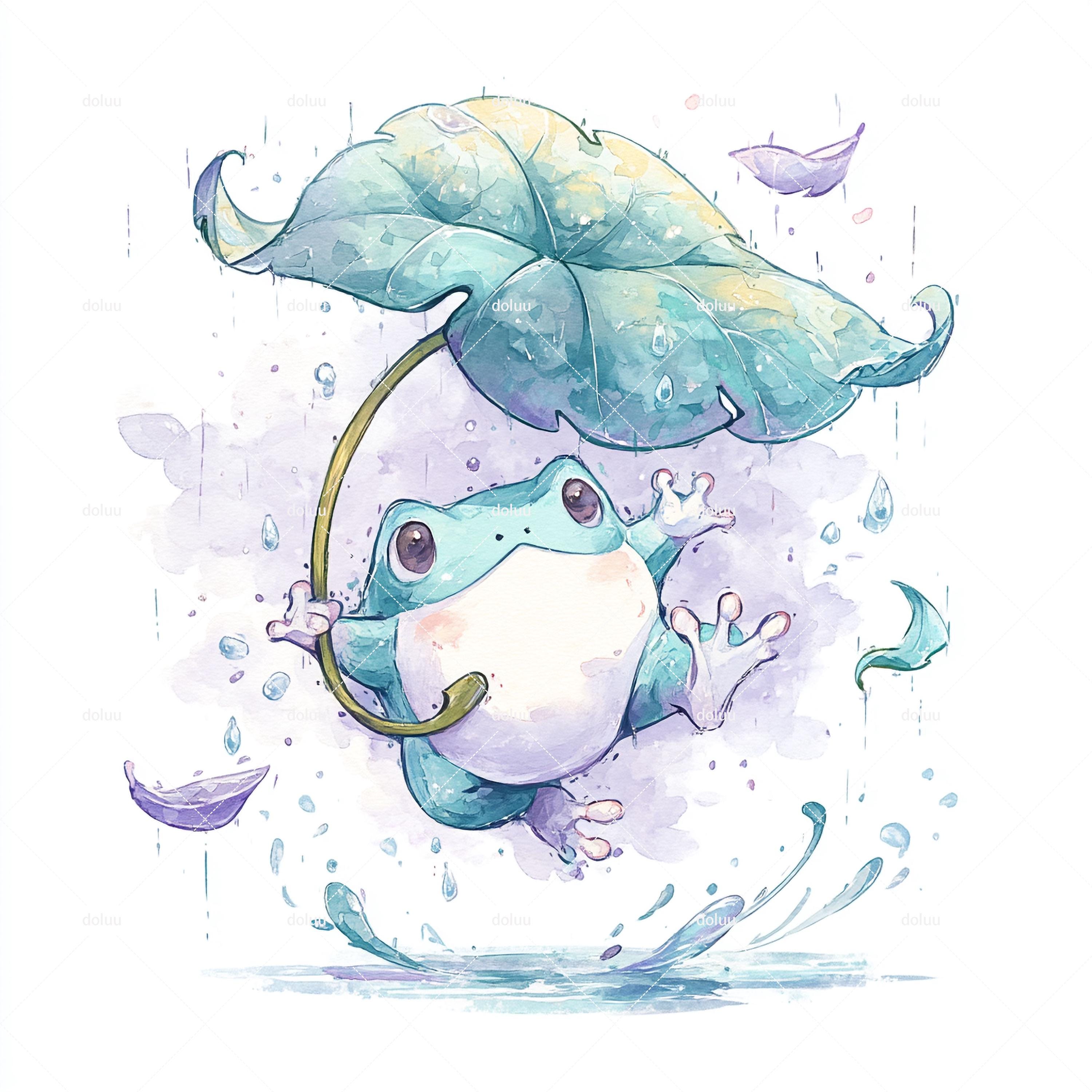 12 Chibi Frog Jumping With Leaf Umbrella Rain Clipart Bundle, Junk ...
