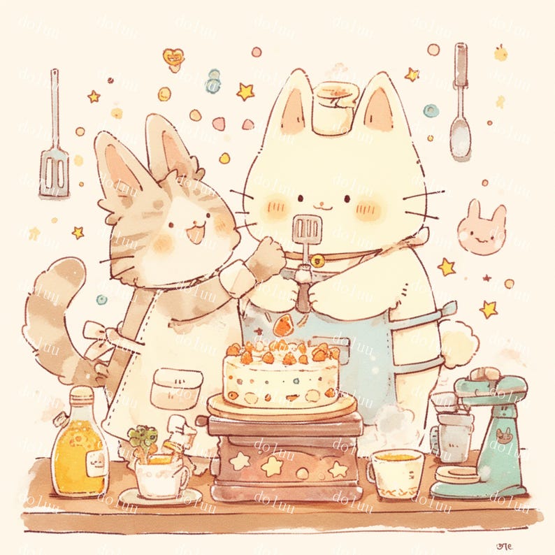 5 Kawaii kittens Baking Cake clipart bundle - custom cat painting for ...