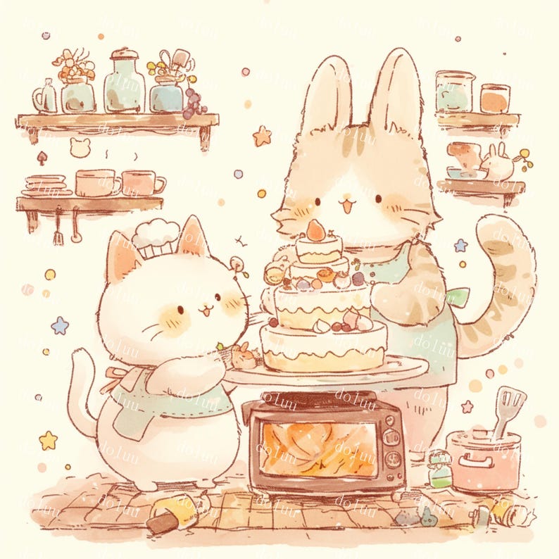 5 Kawaii kittens Baking Cake clipart bundle - custom cat painting for ...
