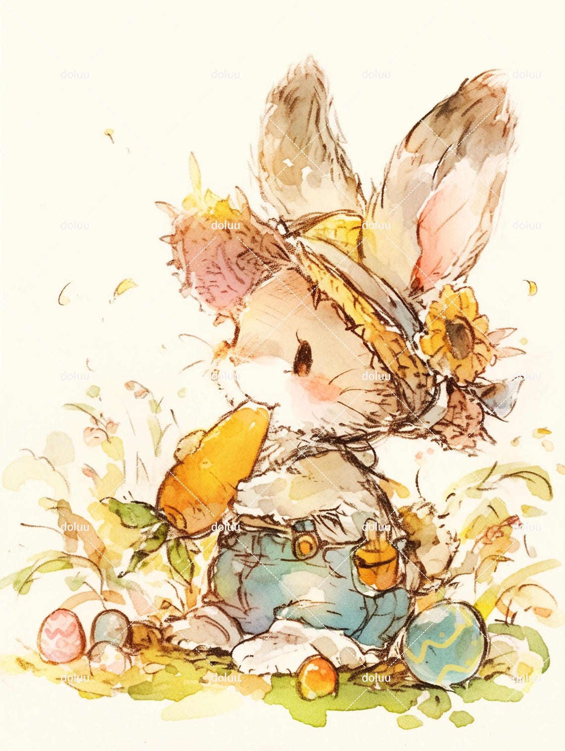 8 Chibi Bunny in Denim Overalls Holding Carrot Clipart Bundle, Junk ...
