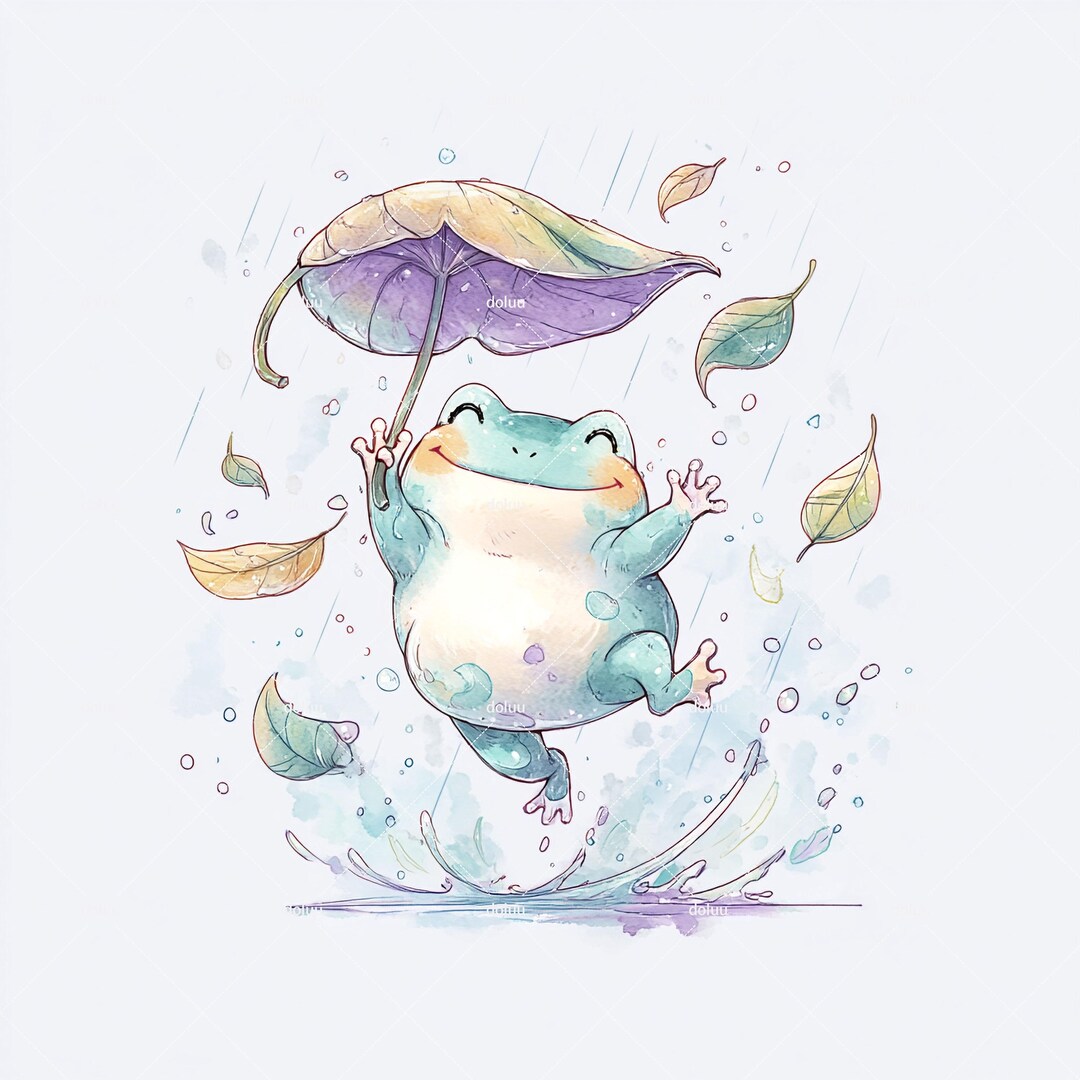 12 Chibi Frog Jumping With Leaf Umbrella Rain Clipart Bundle, Junk ...