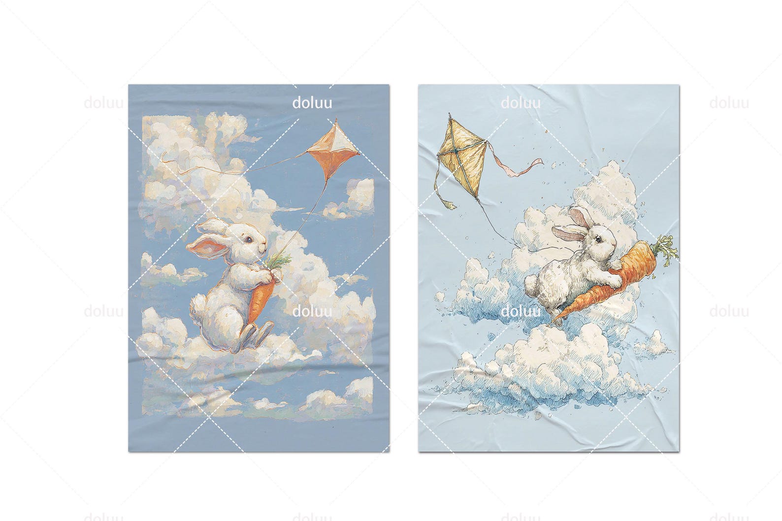 12 Bunny Flying Carrot Shaped Kite Cloud Puffs Clipart Bundle, Junk ...