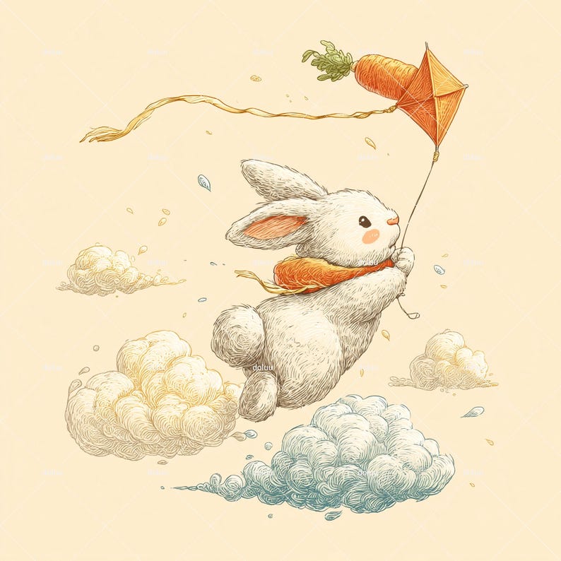 12 Bunny Flying Carrot Shaped Kite Cloud Puffs Clipart Bundle, Junk ...