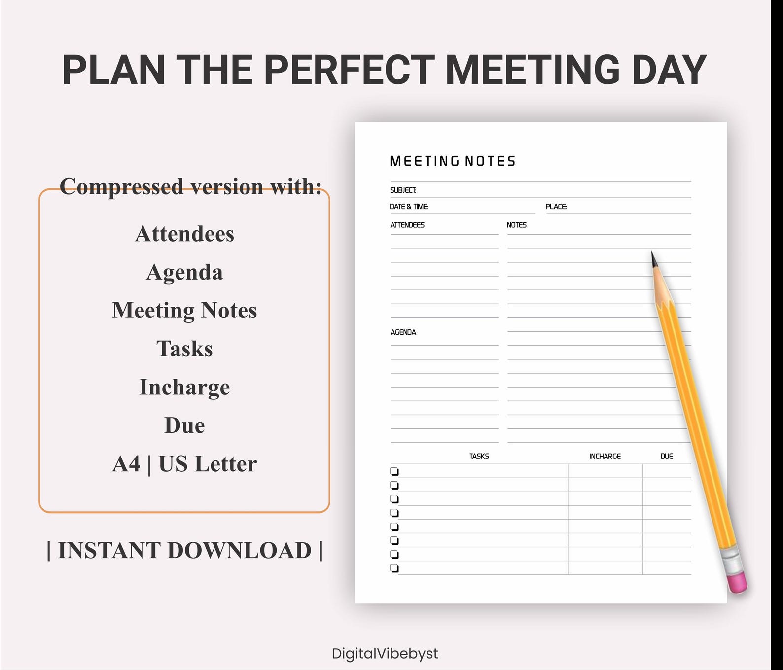 Printable Meeting Notes Template, Meeting Minutes & Agenda, Business ...