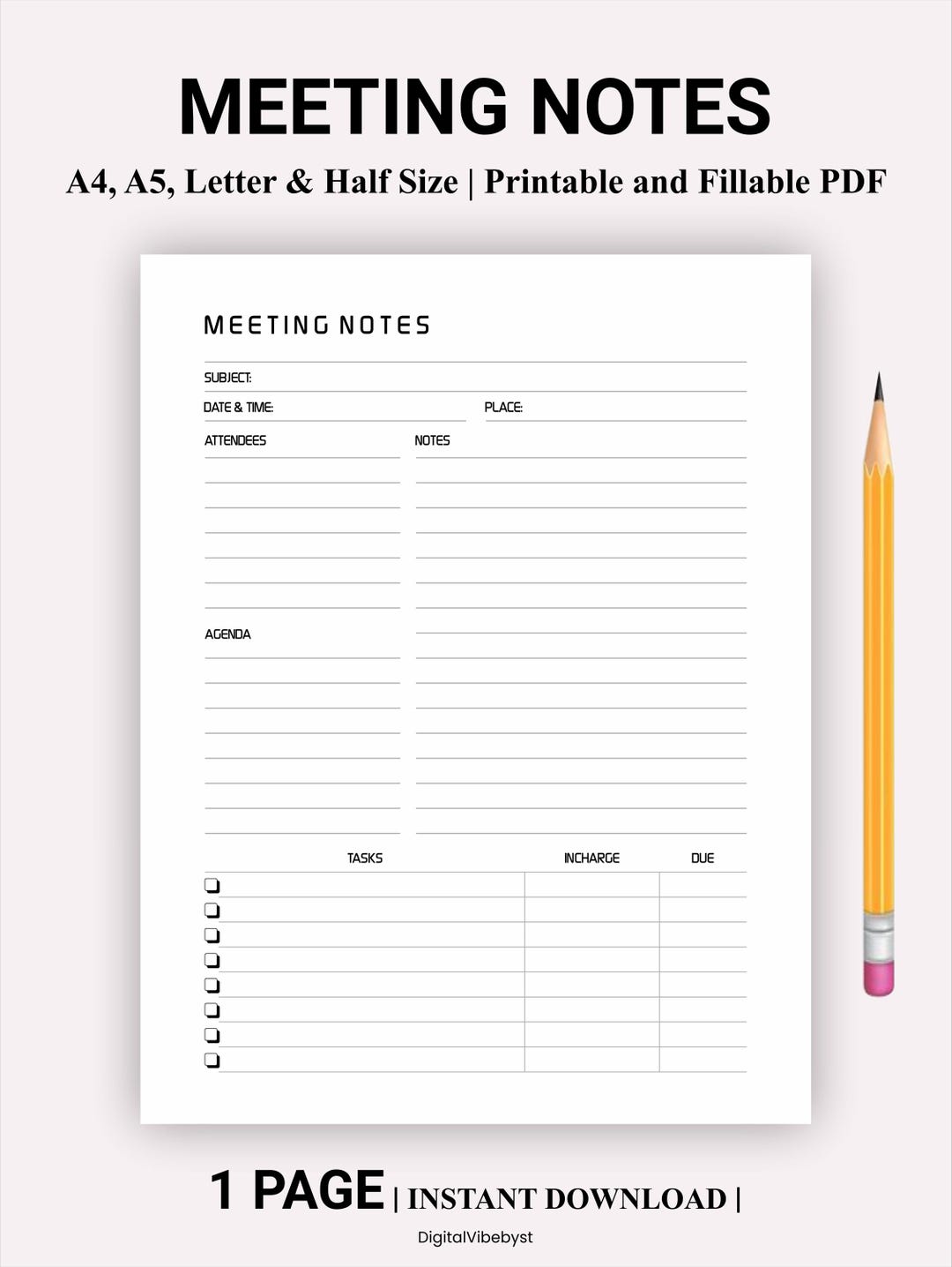 Printable Meeting Notes Template, Meeting Minutes & Agenda, Business ...