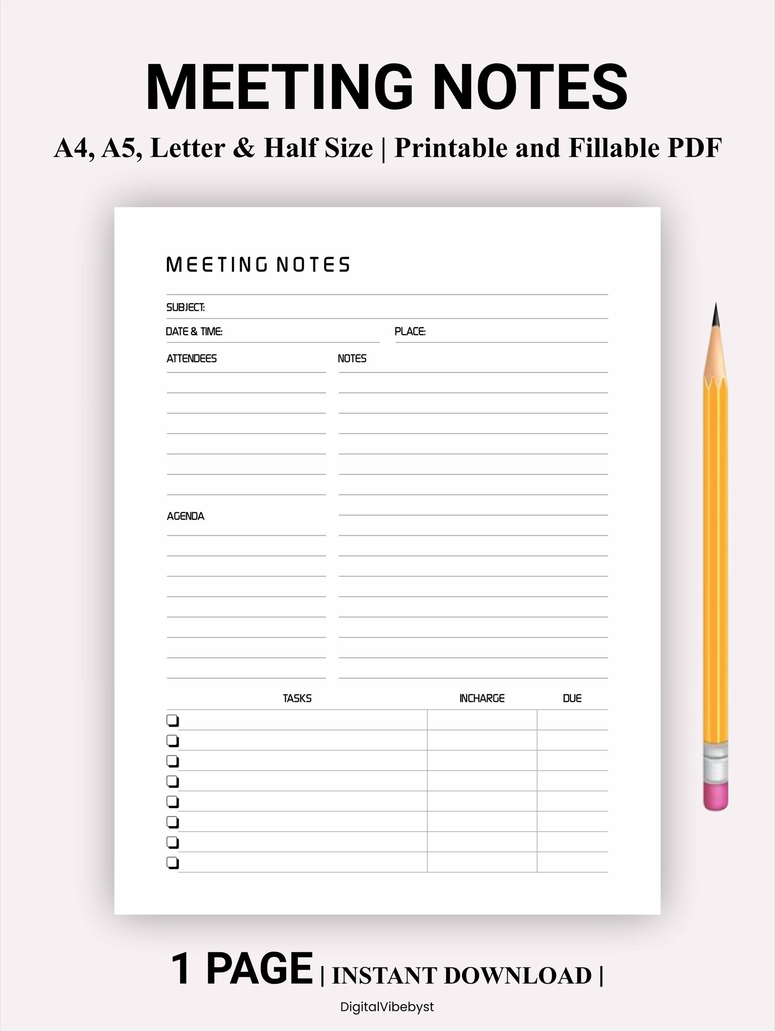 Printable Meeting Notes Template, Meeting Minutes & Agenda, Business ...