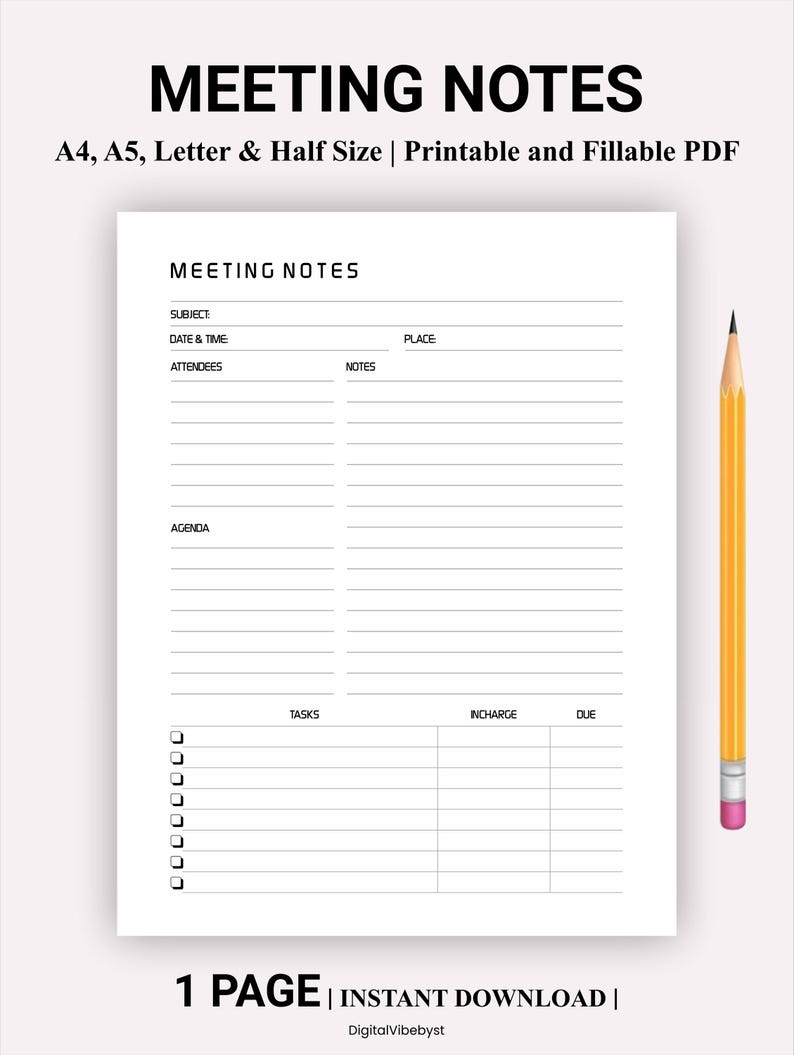 Printable Meeting Notes Template, Meeting Minutes & Agenda, Business ...