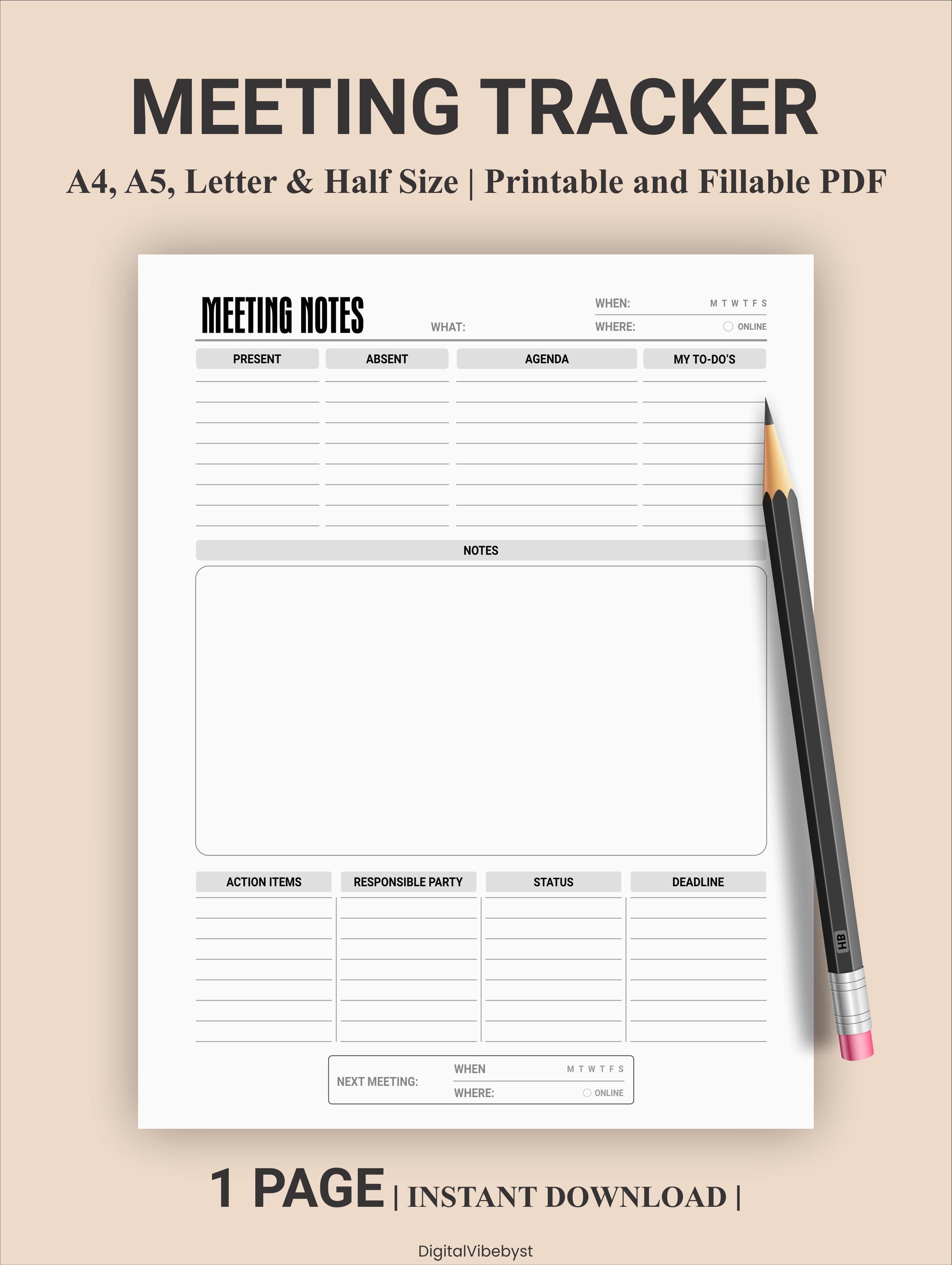 Printable Meeting Notes Template, Work Meeting Minutes, Project Manager ...