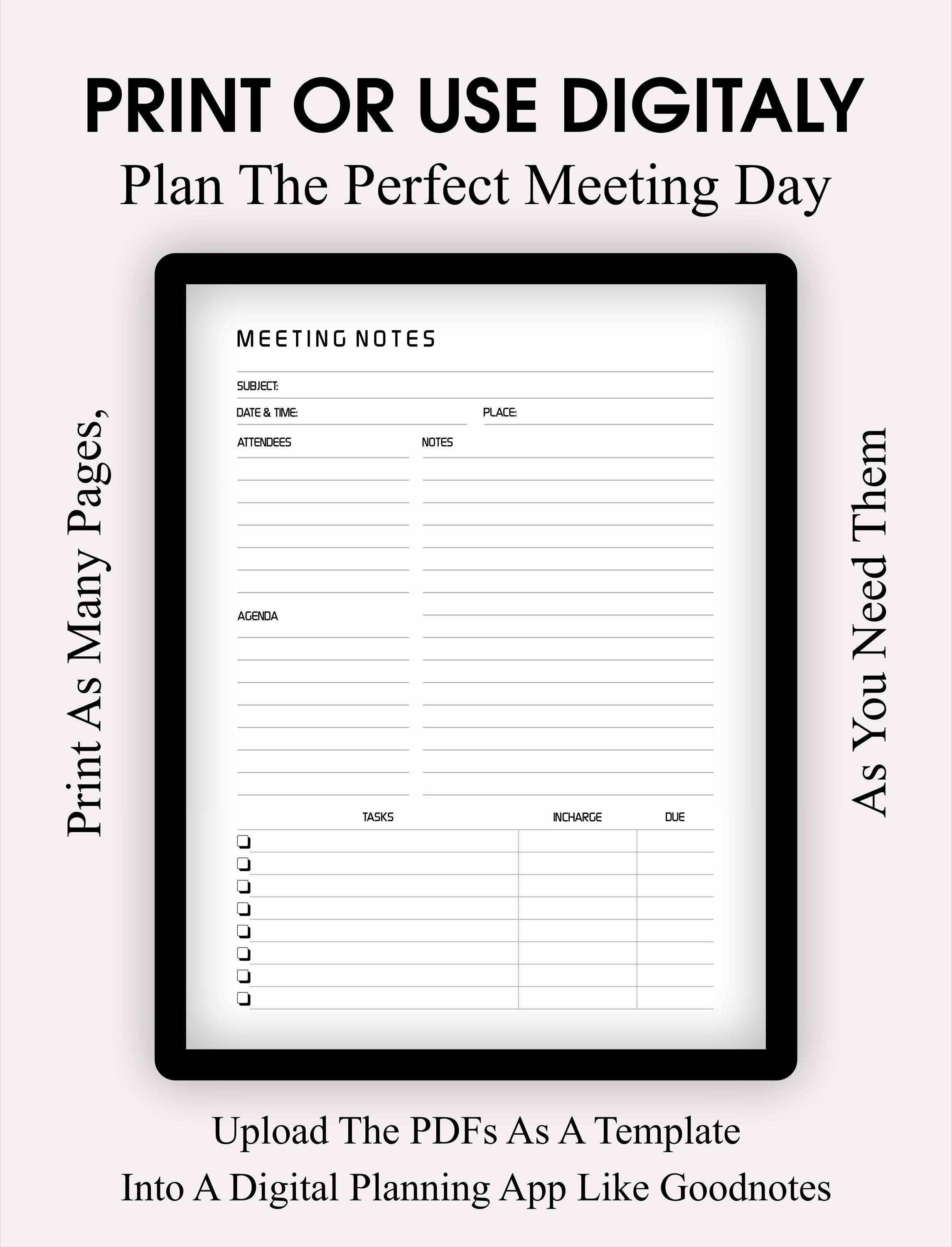 Printable Meeting Notes Template, Meeting Minutes & Agenda, Business ...