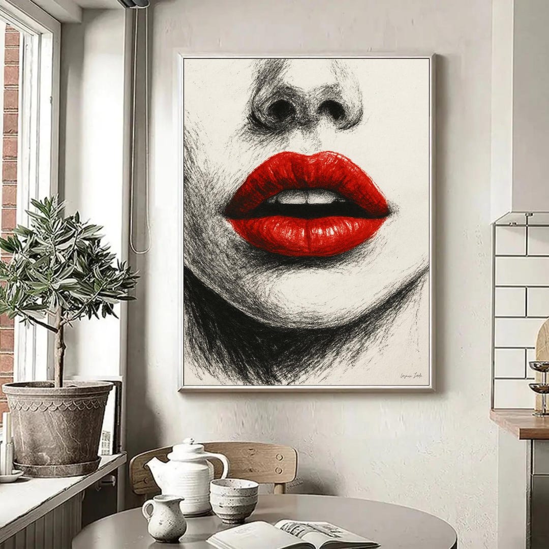Charcoal Drawing - Red Lips Wall Art - Feminine Art - Sensual Painting ...