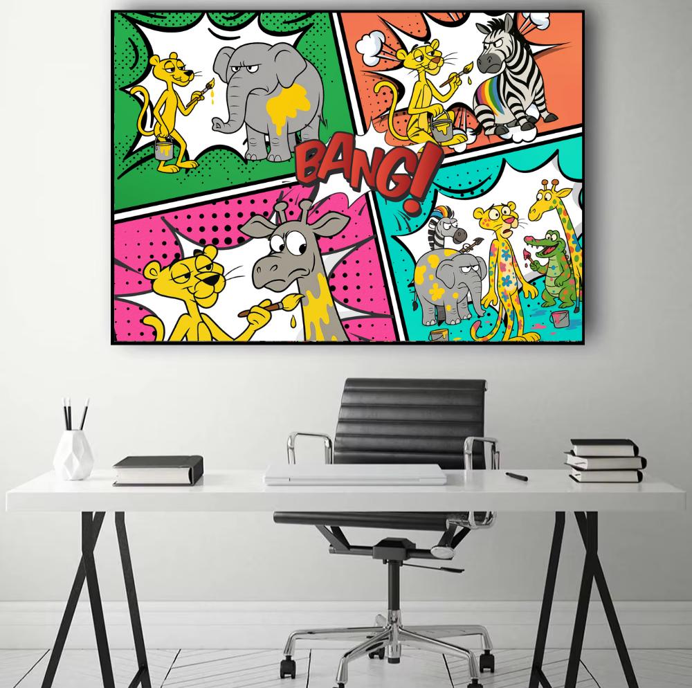 Pop Art Comic Strip Poster, Jungle Kids Painting, Funny Canvas, Panther ...