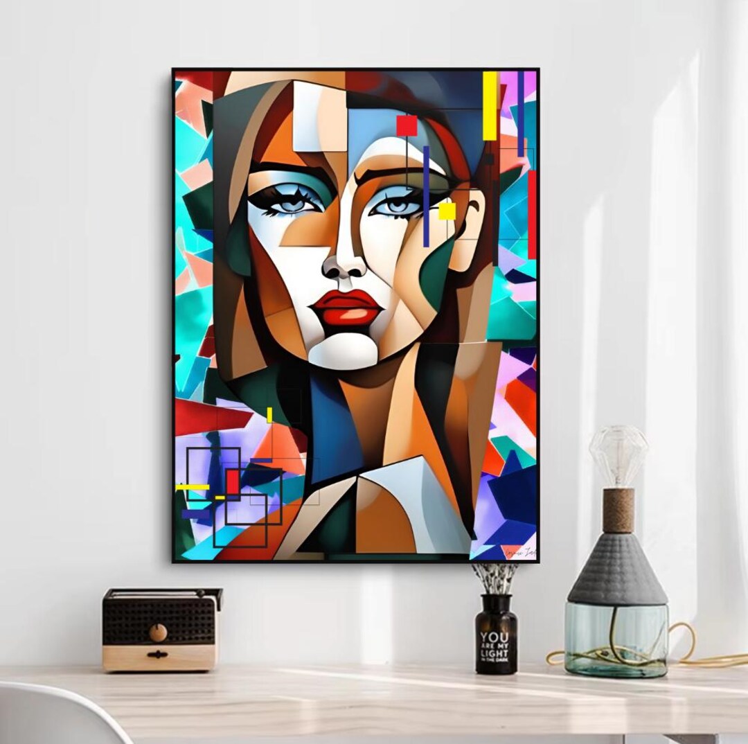 Cubist Woman Portrait, Abstract Face Wall Art, Colorful Geometric Face ...