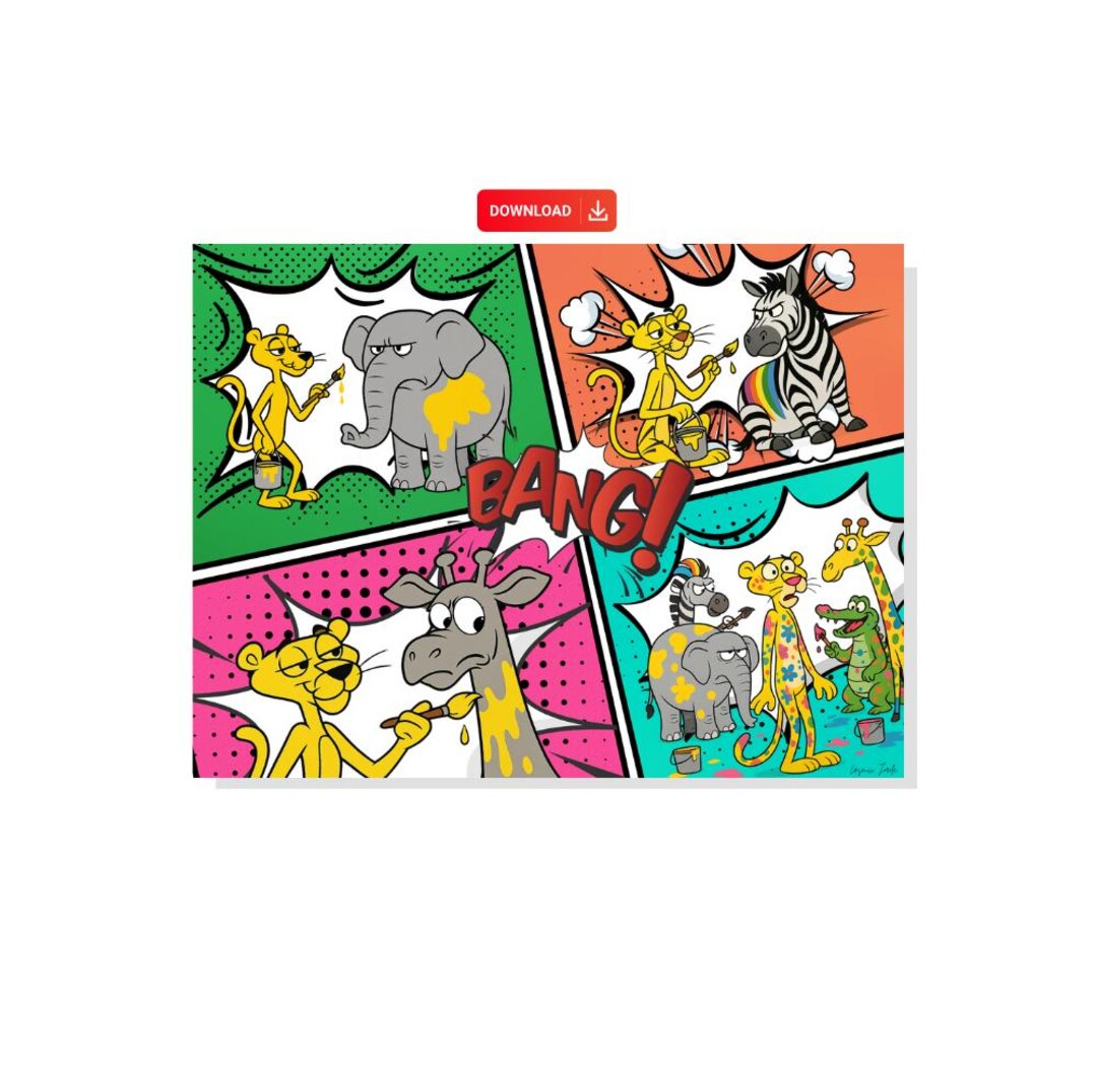 Pop Art Comic Strip Poster, Jungle Kids Painting, Funny Canvas, Panther ...