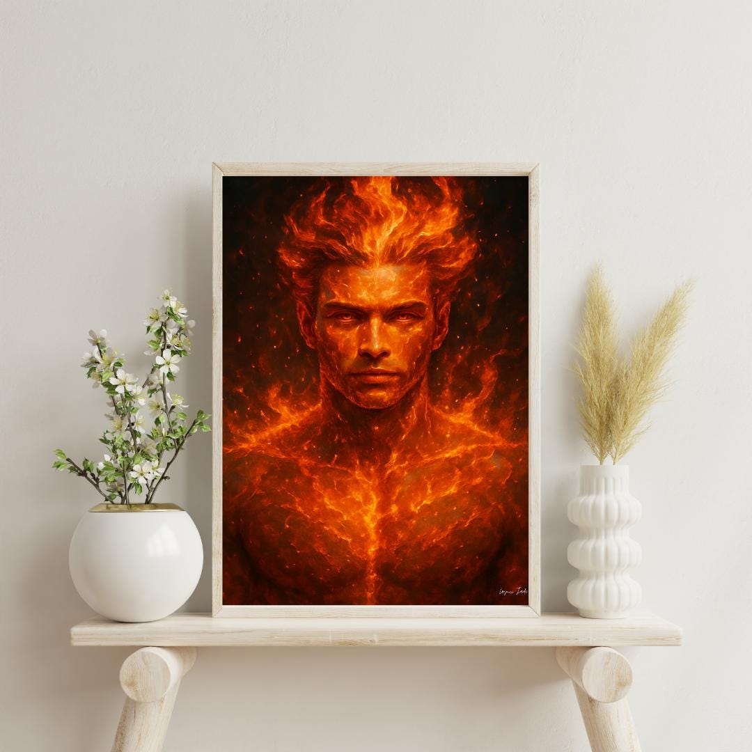 Fire God Art, Flame Deity Portrait, Elemental Male Print, Burning ...