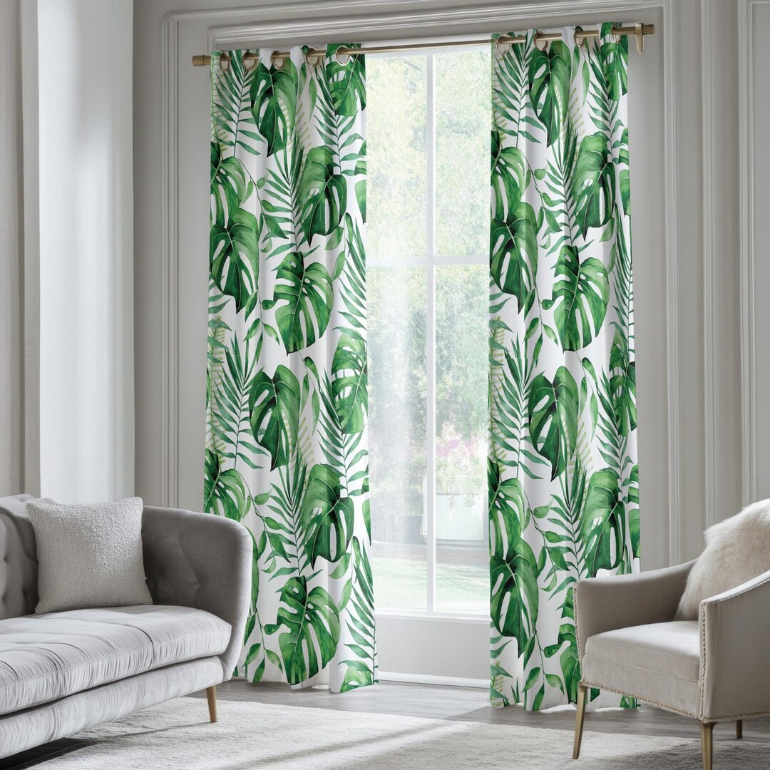 Botanical Leaf Drapes, Botanical Window Curtains, Tropical Green Leaves ...