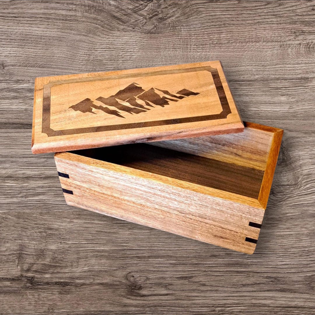 Patagonian Rosewood Jewelry Box With Walnut Mountain Scene Inlay ...