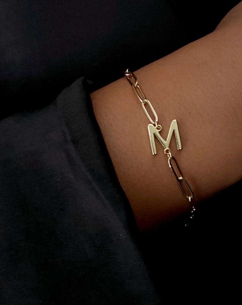Gold Filled Initial Bracelet: Personalized Letter, Dainty Paperclip ...