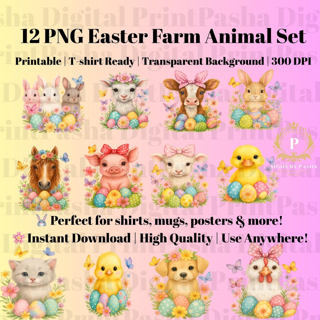 Easter Farm Animal PNG Set – 12 Cute Animals With Eggs & Flowers – Cute ...