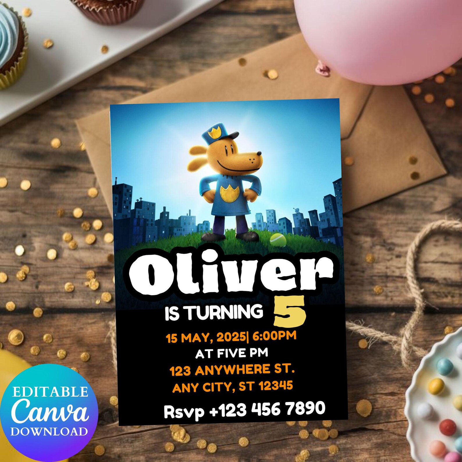 Dog Man Invitation, Editable Kids Birthday Invitation, Dog Man Movie ...