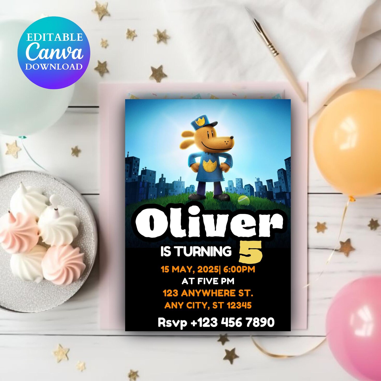 Dog Man Invitation, Editable Kids Birthday Invitation, Dog Man Movie ...