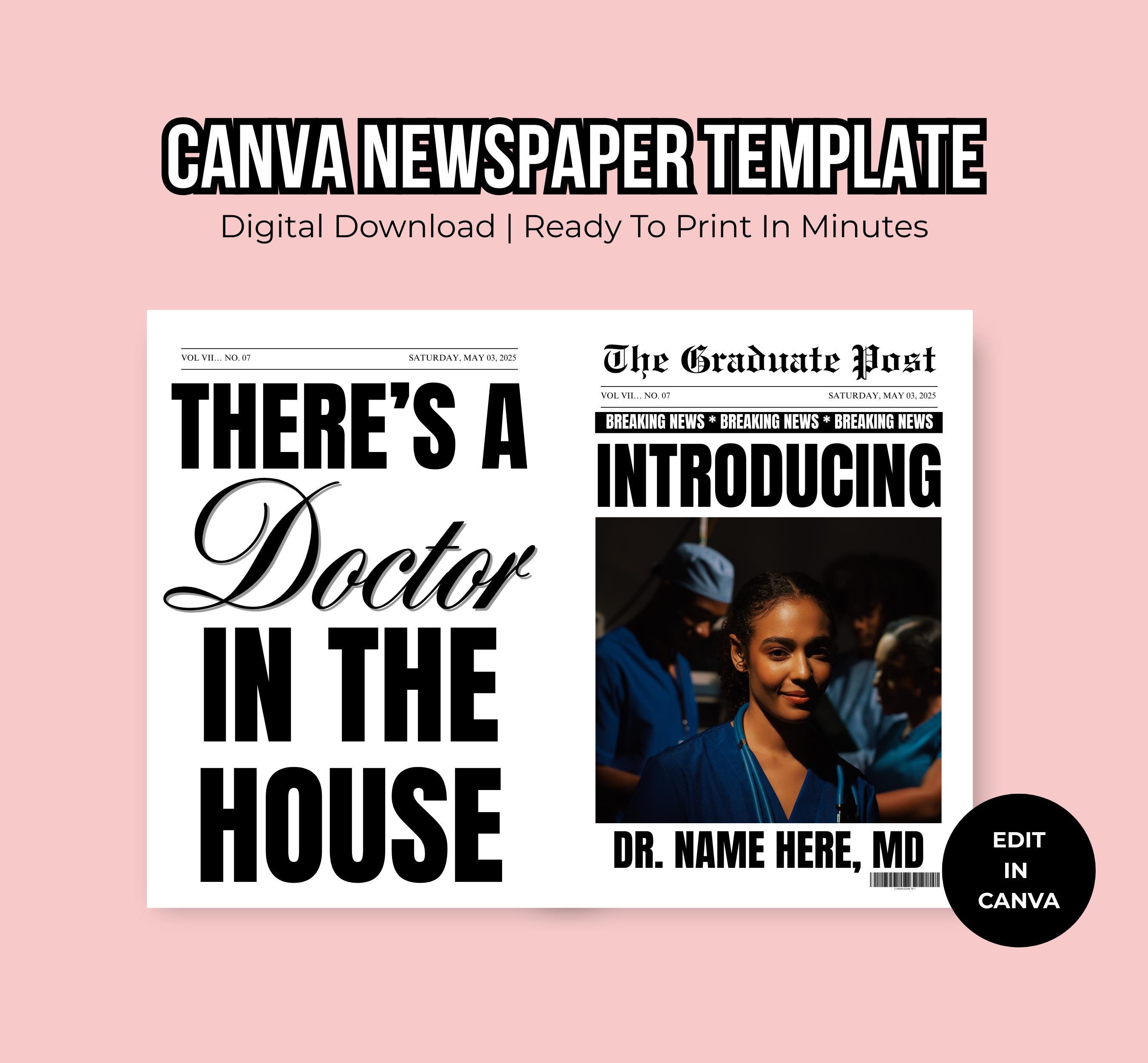 Medical School Graduation Newspaper Template (canva Template) - Etsy