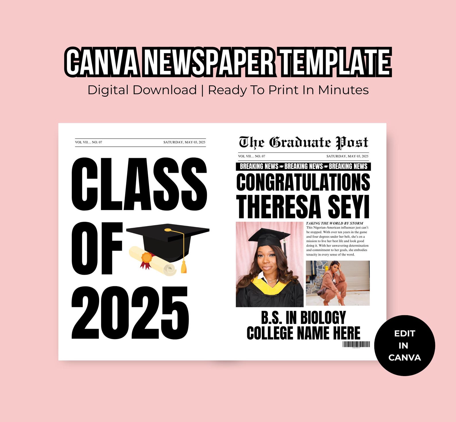 College Graduation Newspaper Template (canva Template) - Etsy