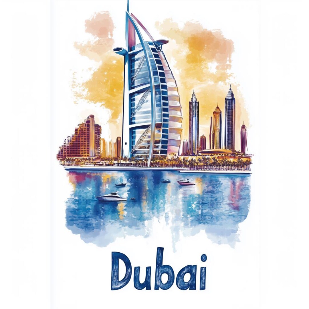 Dubai Watercolor Travel Poster | AI Generated Artwork - Etsy