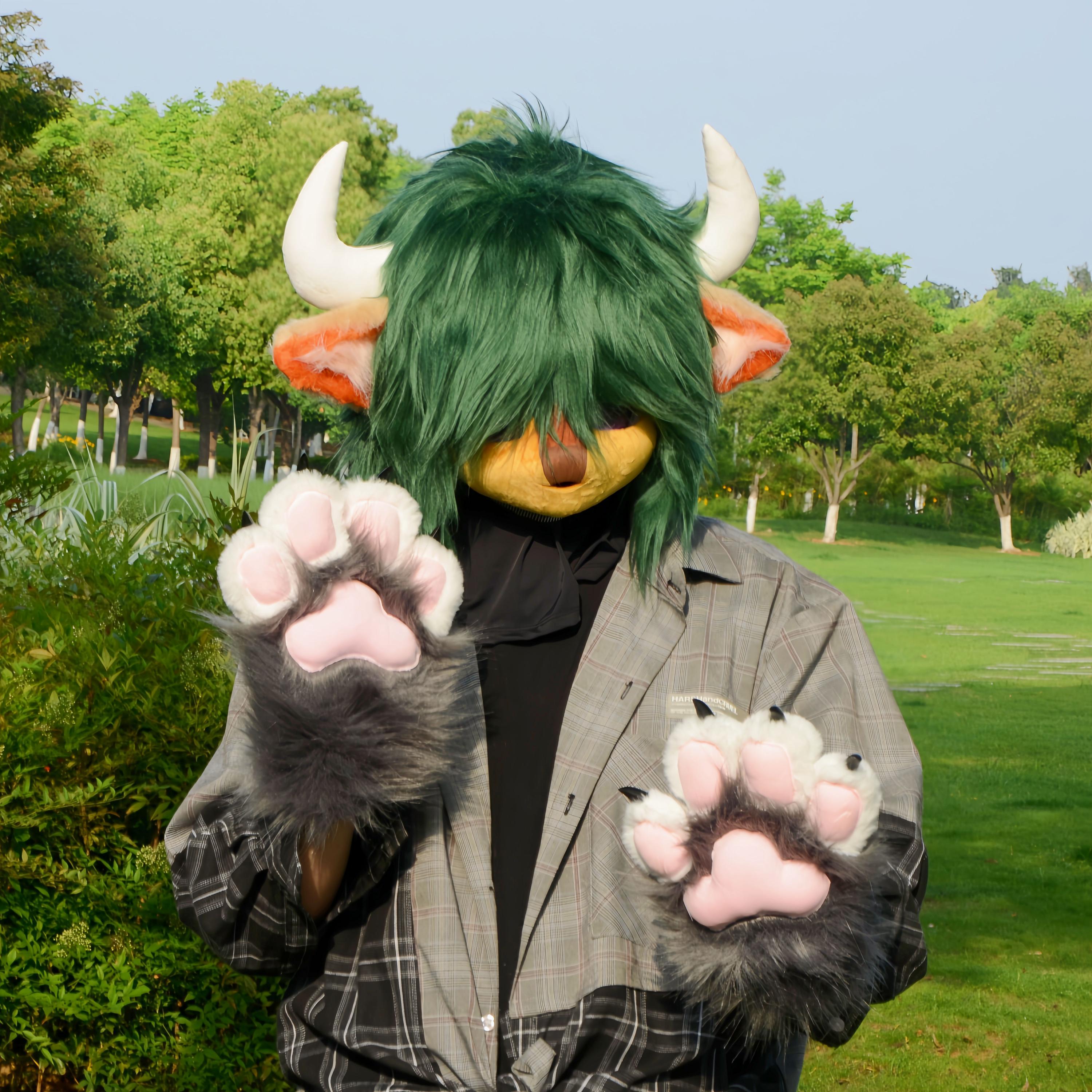 Kigurumi Head Commission: Green Bull, Knitted Horns, Fursuit Headbase ...