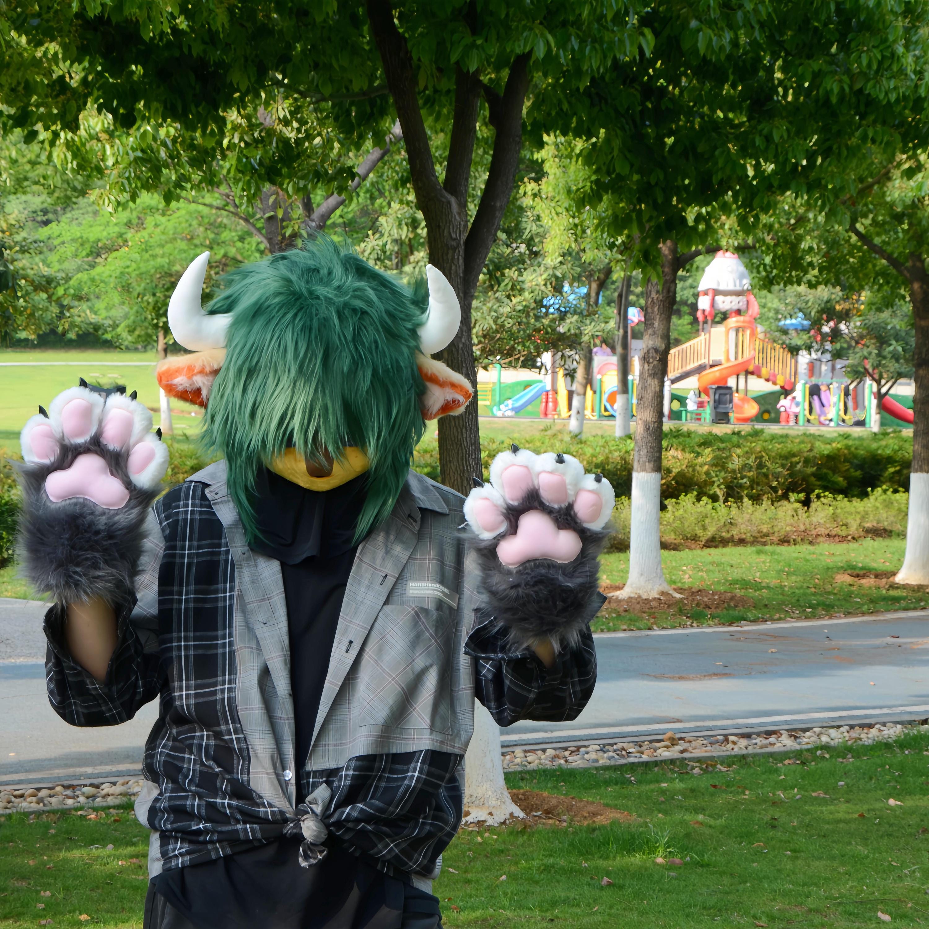 Kigurumi Head Commission: Green Bull, Knitted Horns, Fursuit Headbase ...