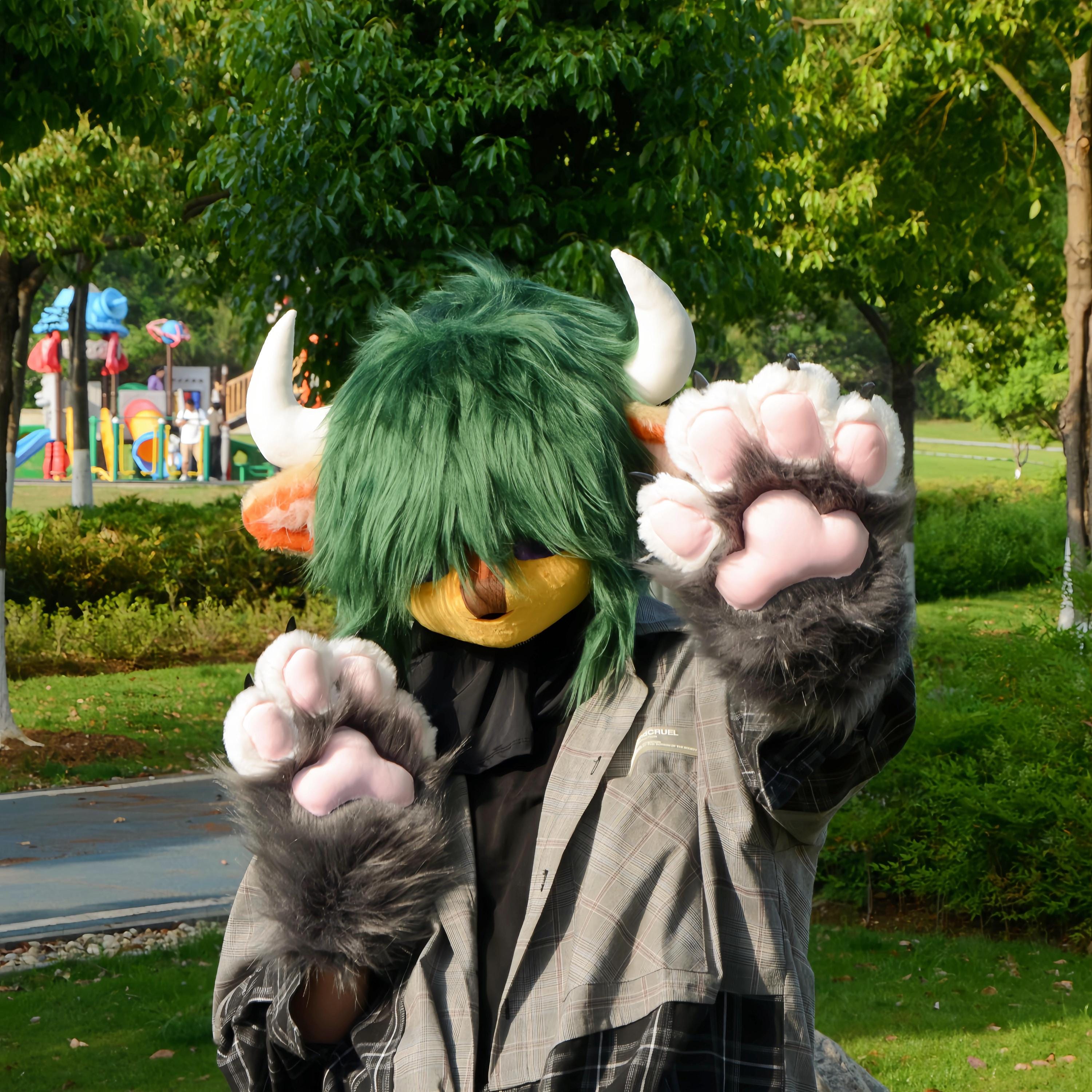 Kigurumi Head Commission: Green Bull, Knitted Horns, Fursuit Headbase ...