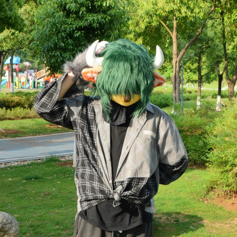 Kigurumi Head Commission: Green Bull, Knitted Horns, Fursuit Headbase ...