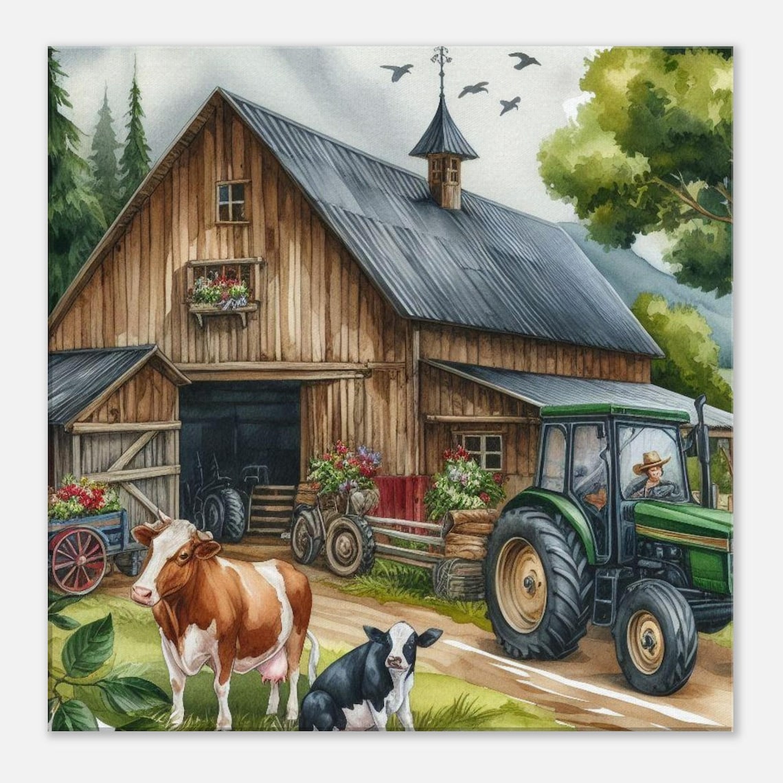 Rustic Farm Canvas Print: Tractor & Cows Artwork - Etsy